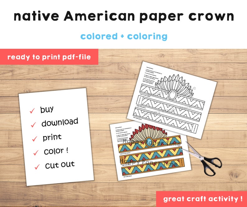 Native American Paper craft Headdress Crown Party Coloring | Etsy