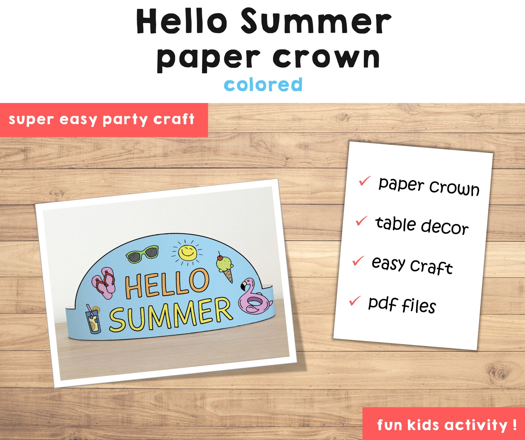Summer Paper Crowns Printable Kids Craft Birthday Party Favor Costume ...