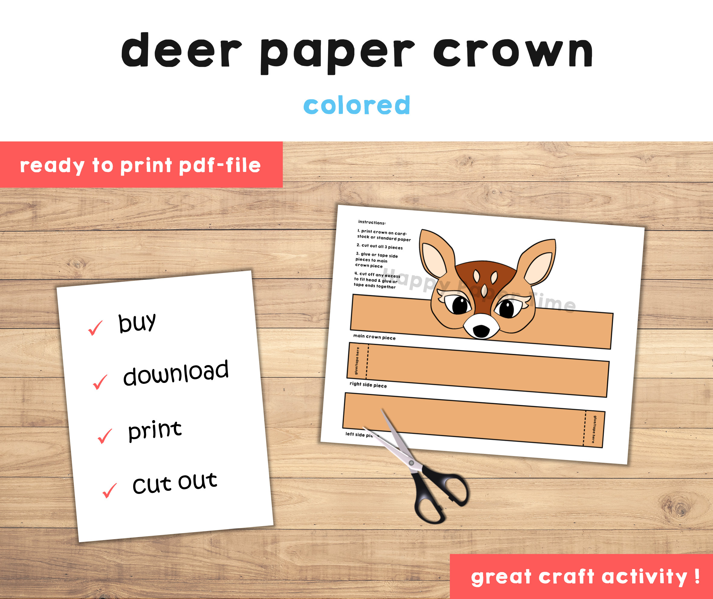 Deer Paper Crown Party Printable Kids Craft Woodland Birthday Gift ...