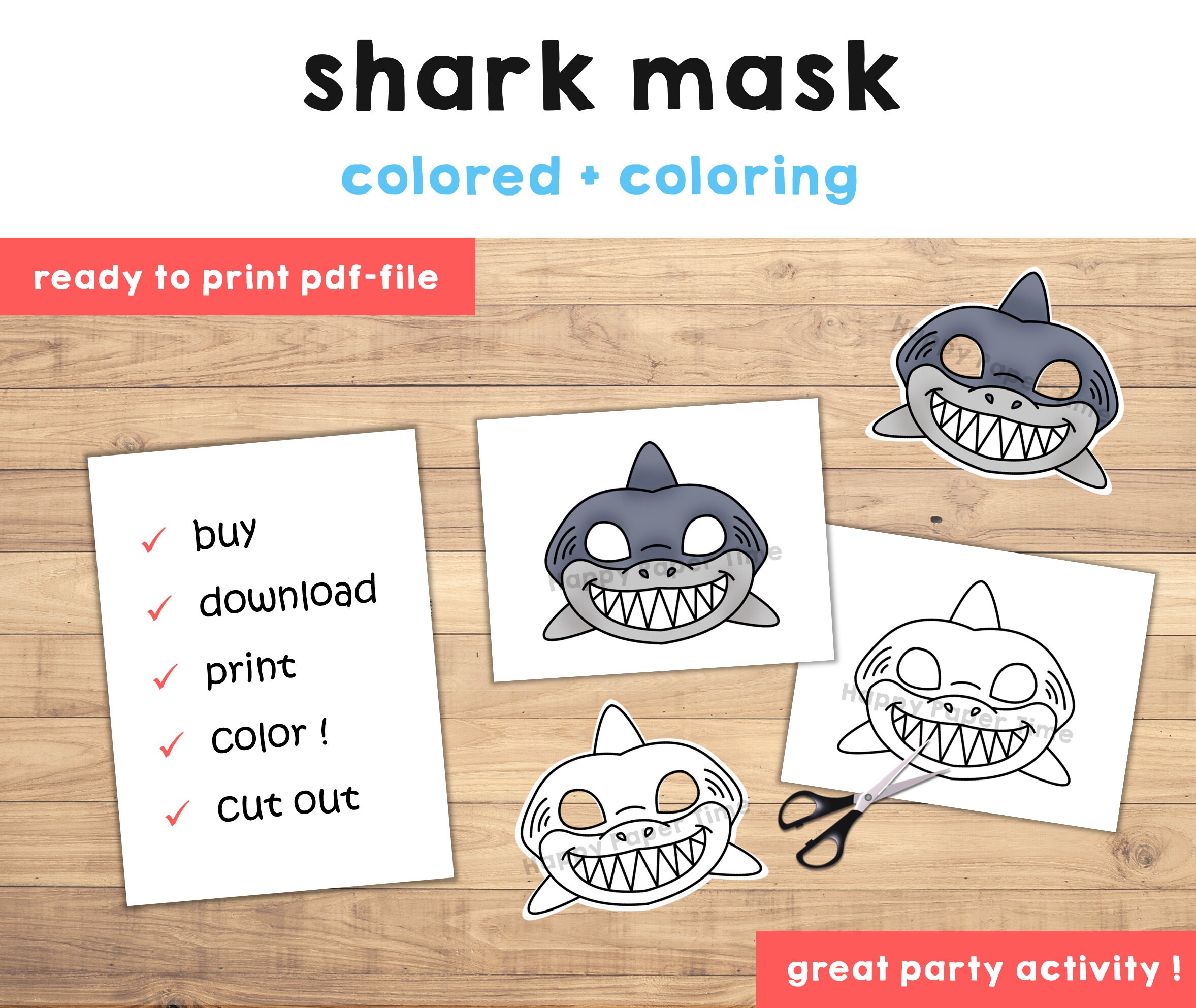 Shark Mask Template Costume Kids Diy Ocean Sea Animal Party - Etsy