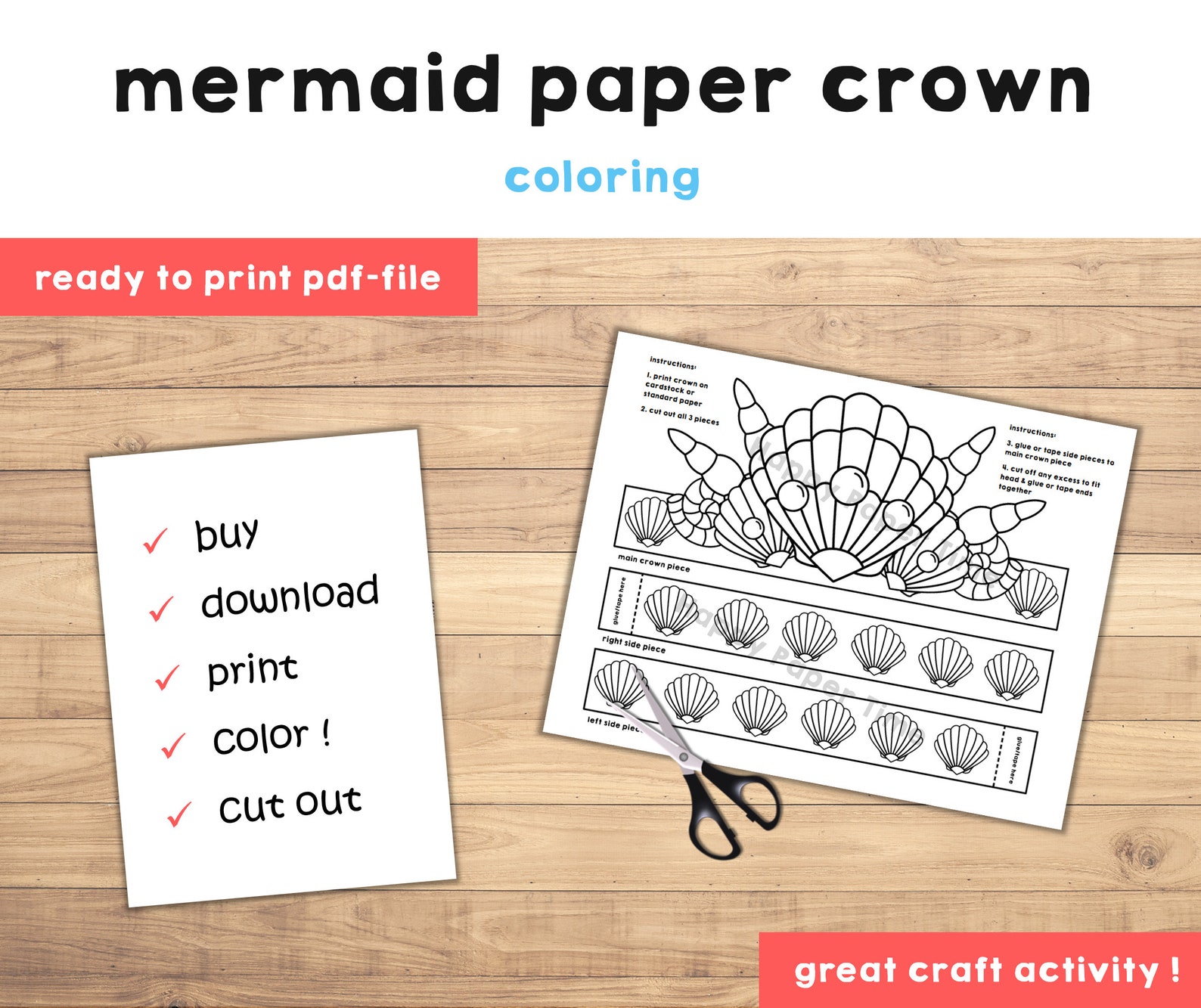 Mermaid Paper Crown Coloring Printable Kids Craft Mermaid Birthday ...