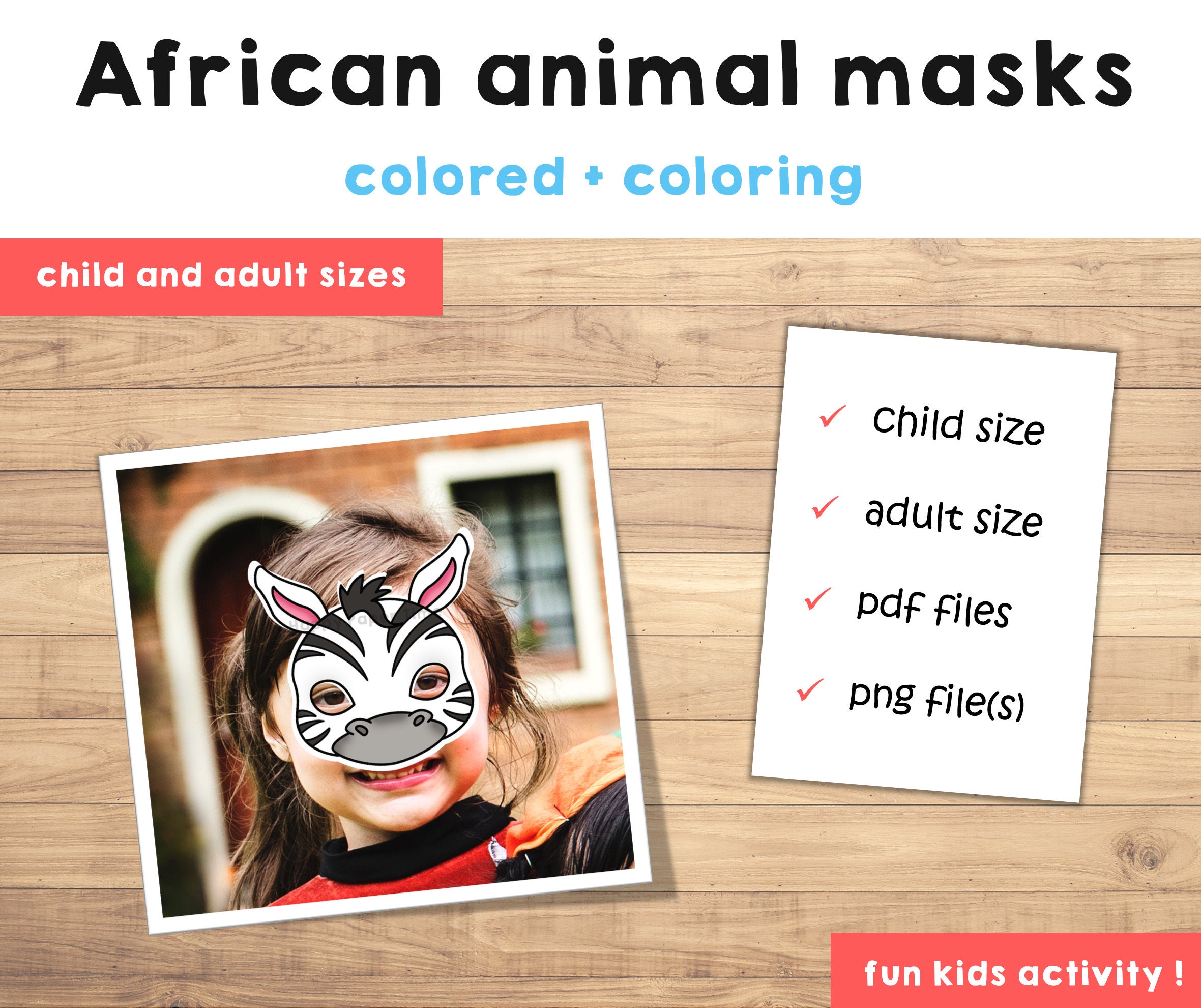 African Safari Animal Masks Template Hyena Lion Hippo Giraffe Zebra ...