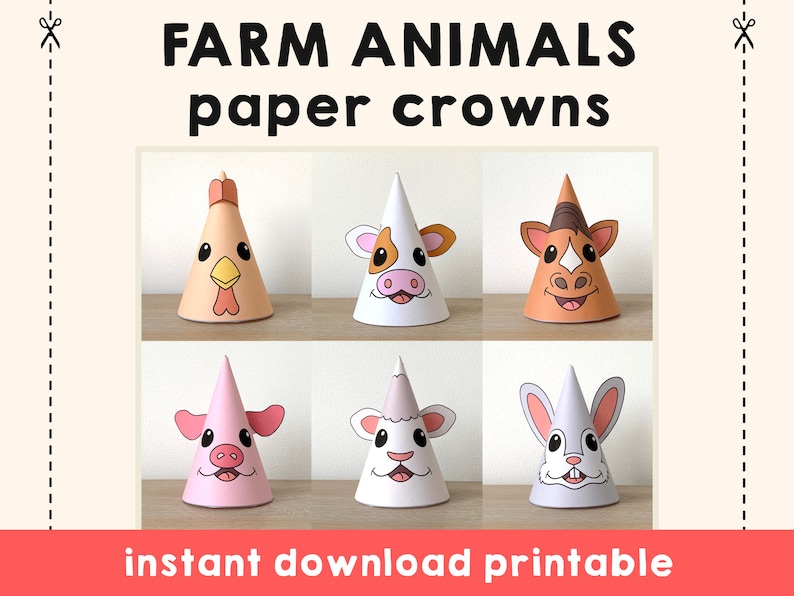 Farm Animal Party Hats Paper Printable Table Pig Horse Cow Rabbit Sheep ...