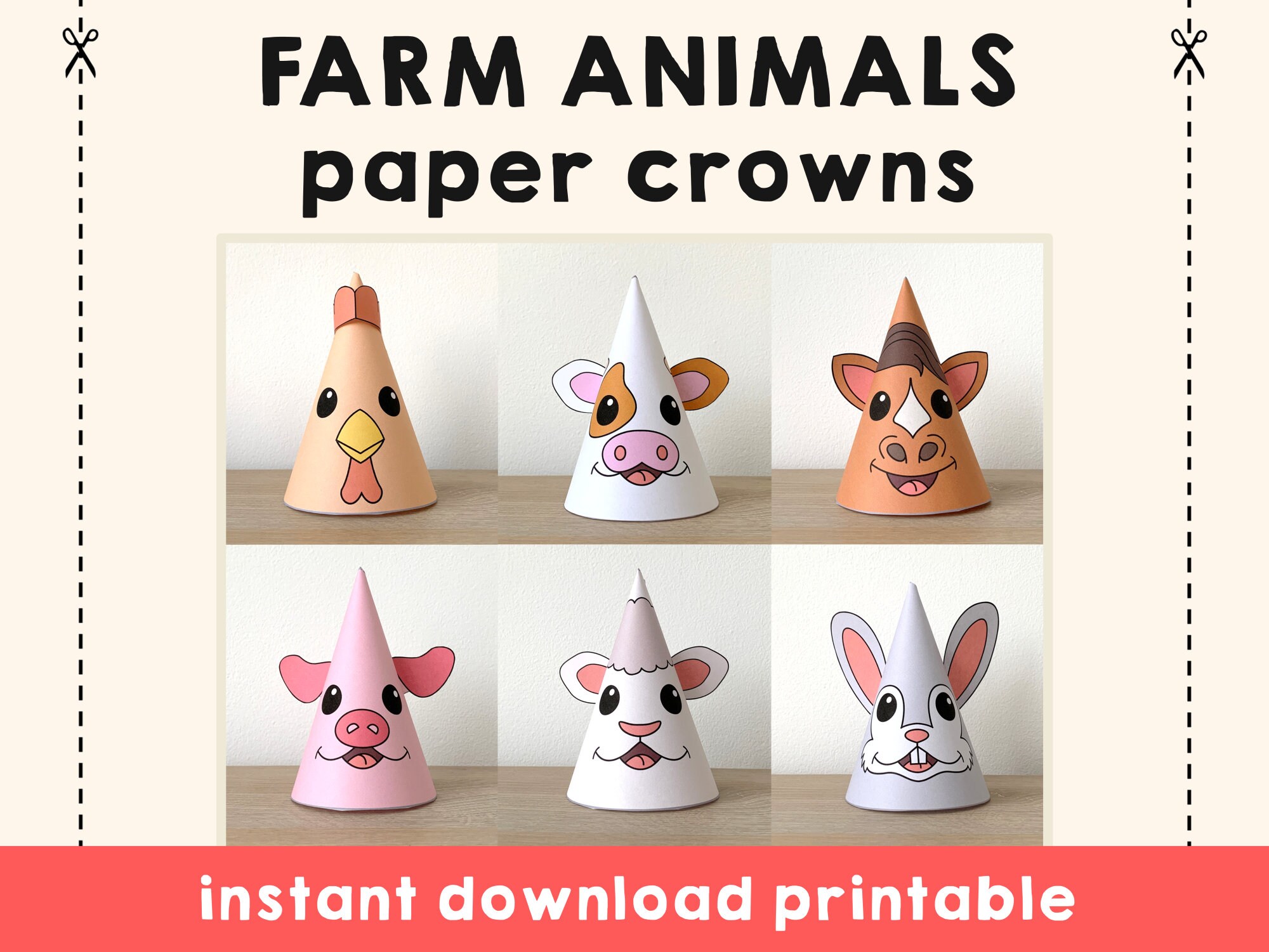 Farm Animal Party Hats Paper Printable Table Pig Horse Cow Rabbit Sheep ...