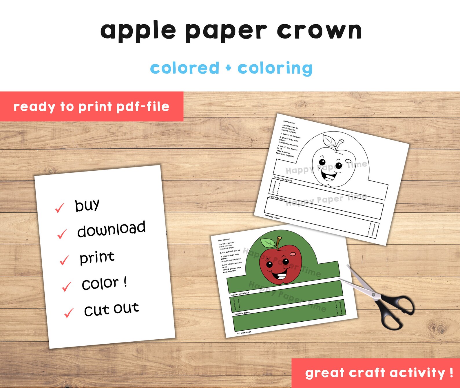 Apple Paper Crown Fruit Template Party Coloring Printable Kids - Etsy