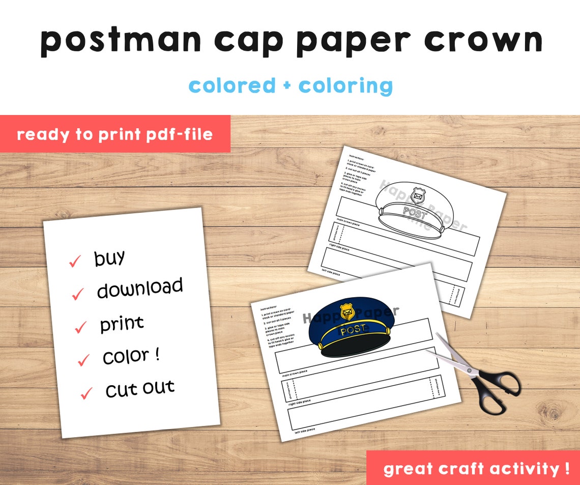 Postman Cap Hat Paper Crown Party Coloring Printable Kids | Etsy