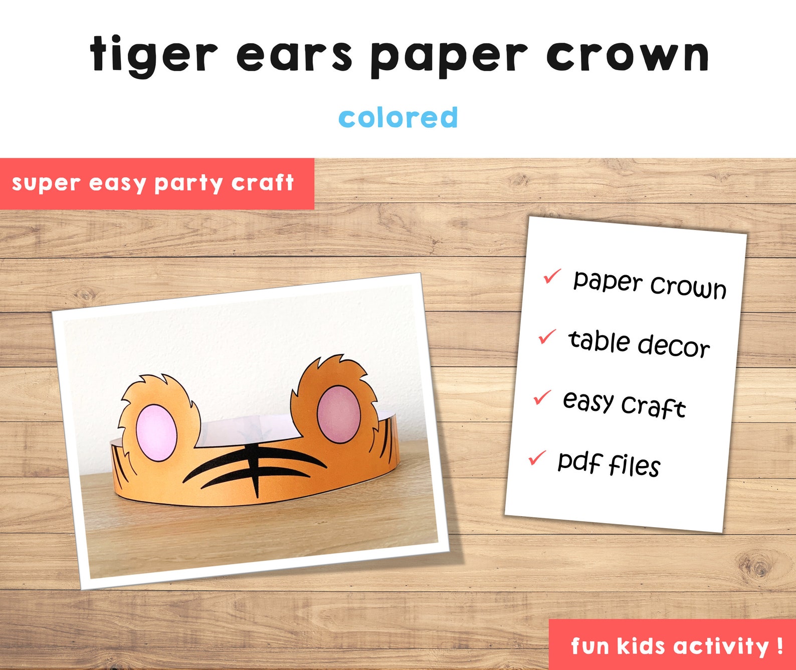Tiger Ears Paper Crown Headband Party Coloring Printable Kids | Etsy