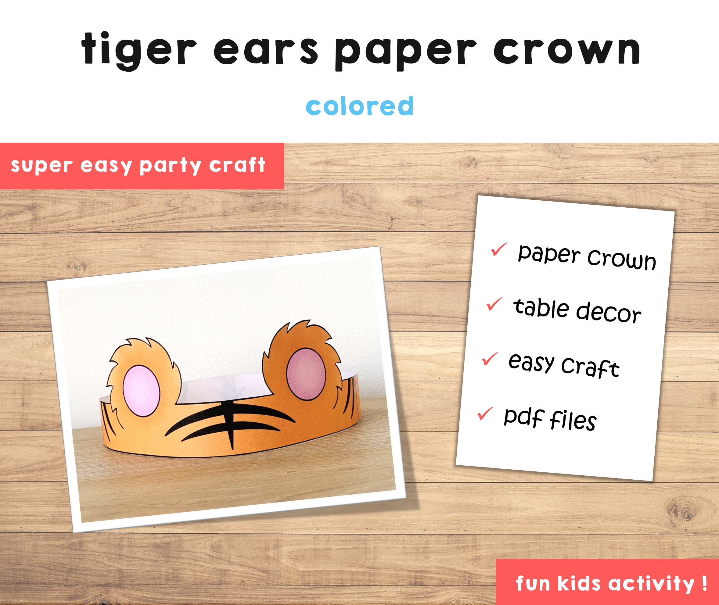 Tiger Ears Paper Crown Headband Party Coloring Printable Kids | Etsy