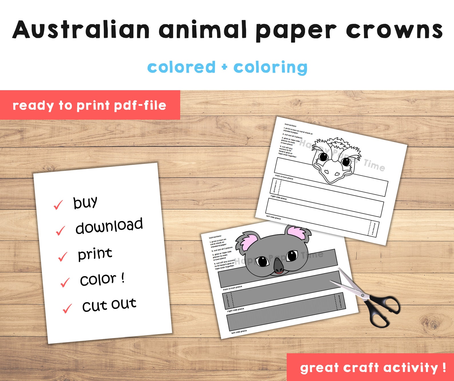 Australian animal Paper Crowns Safari Koala Kangaroo Crocodile | Etsy