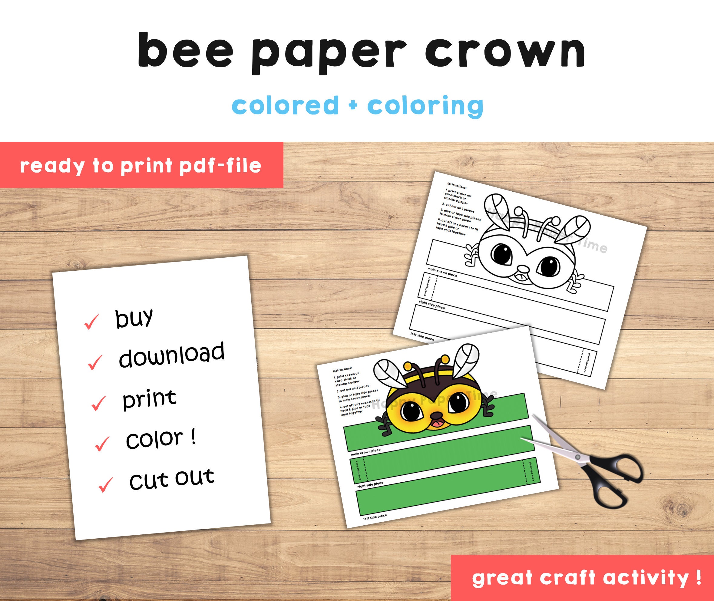 Bee Paper Crown Party Coloring Printable Kids Craft Insect - Etsy UK
