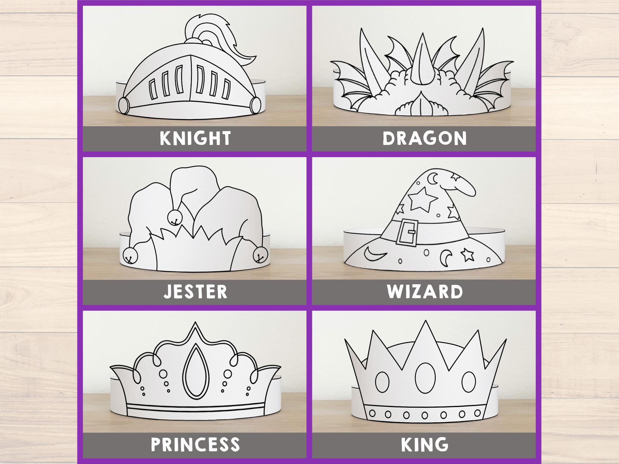 Medieval Fantasy Paper Crown Coloring Headband Knight Dragon Princess ...