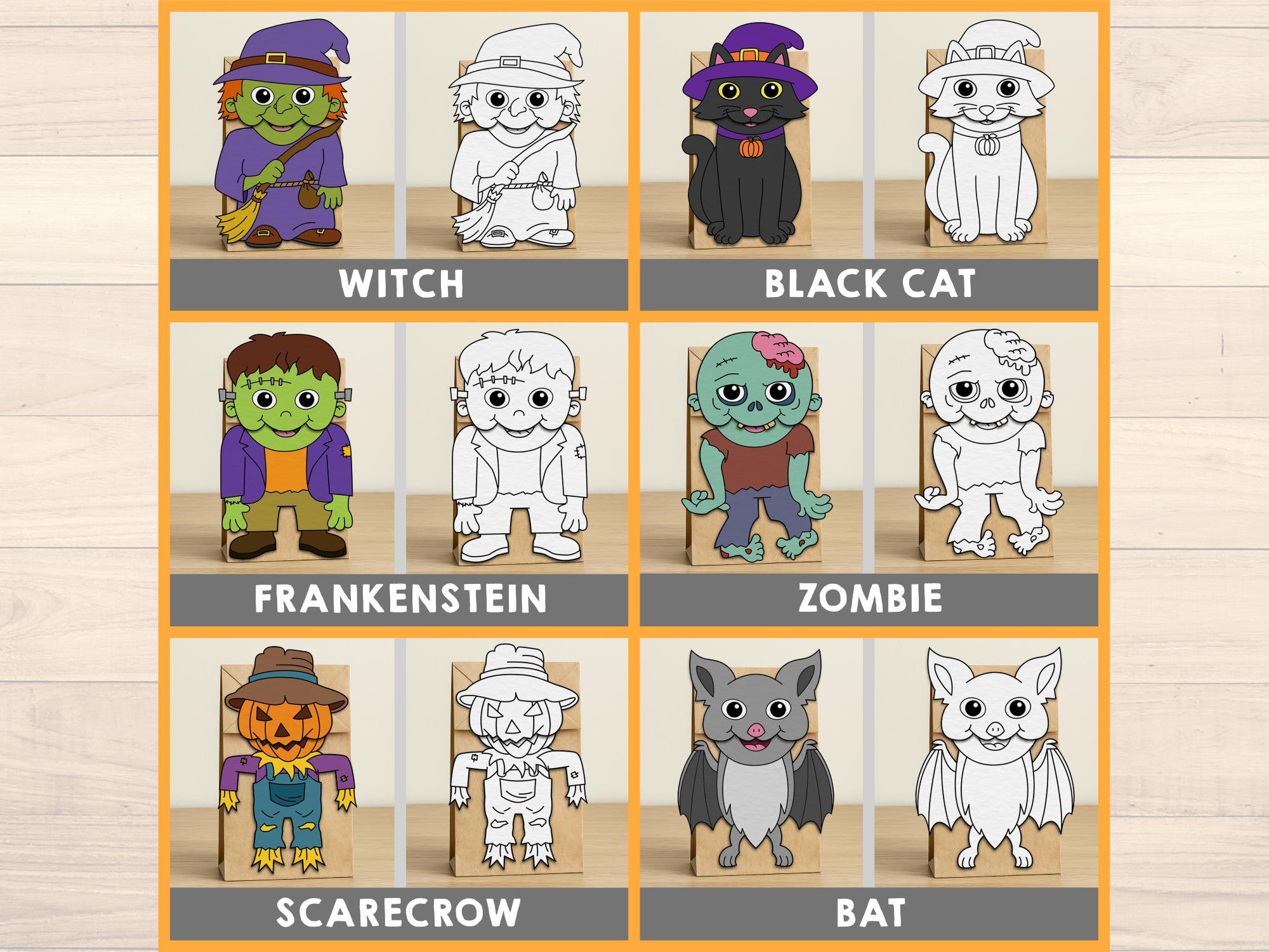 Halloween Paper Bag Puppets Printable Craft Activity Cut Paste Coloring ...