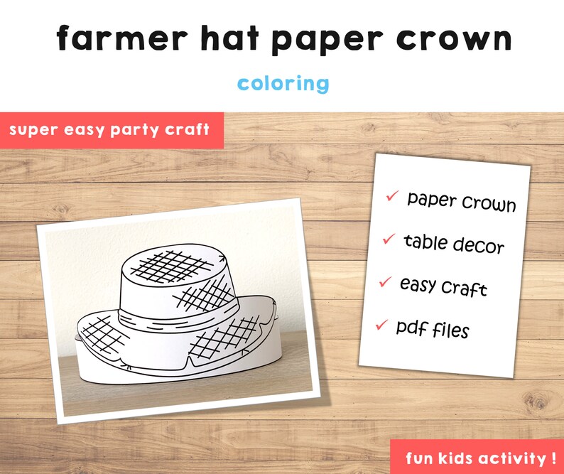 Farmer Straw Hat Gardener Paper Crown Party Coloring Printable | Etsy