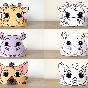 African Safari Animals Paper Crowns Giraffe Hippo Hyena Lion Zebra ...