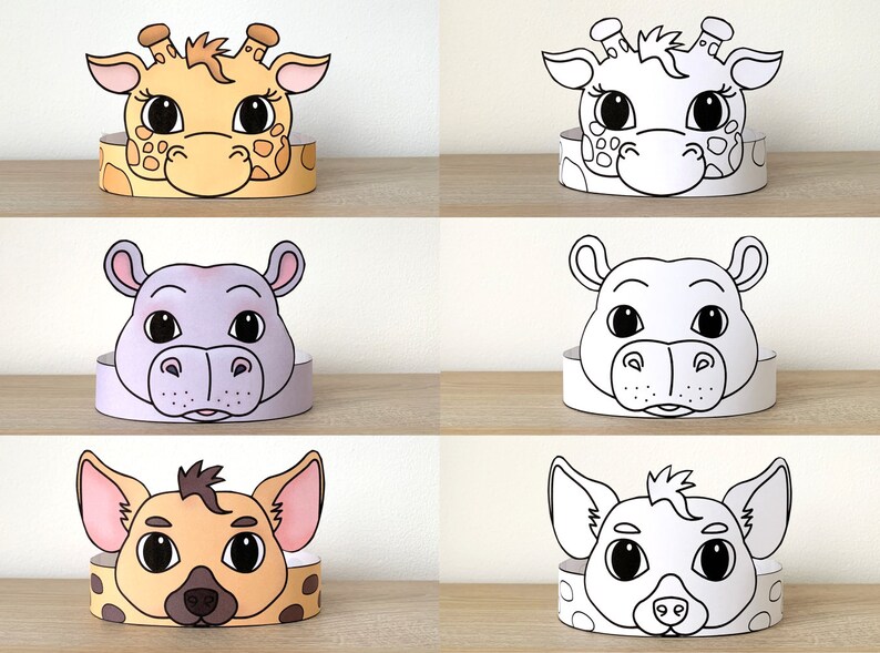 African Safari Animals Paper Crowns Giraffe Hippo Hyena Lion - Etsy