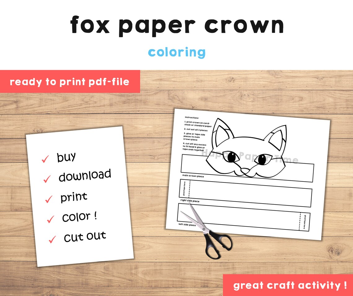Fox Paper Crown Coloring Printable Kids Craft Woodland Forest | Etsy