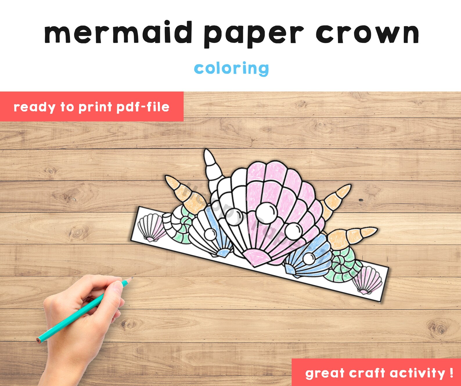Mermaid Paper Crown Coloring Printable Kids Craft Mermaid Birthday ...