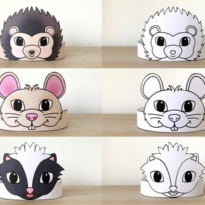Woodland Animals Paper Crowns Hedgehog Mouse Squirrel Rabbit Skunk ...