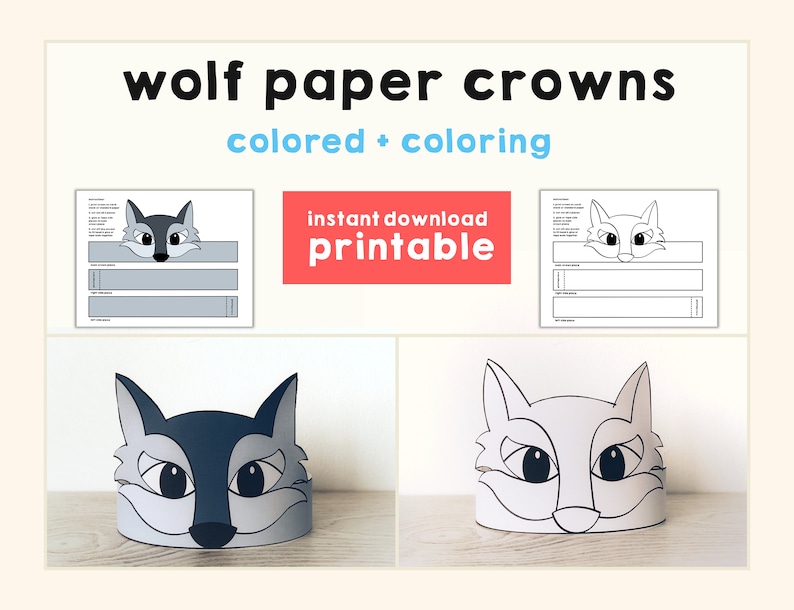 Wolf Paper Crown Coloring Printable Kids Craft Wolf Woodland | Etsy