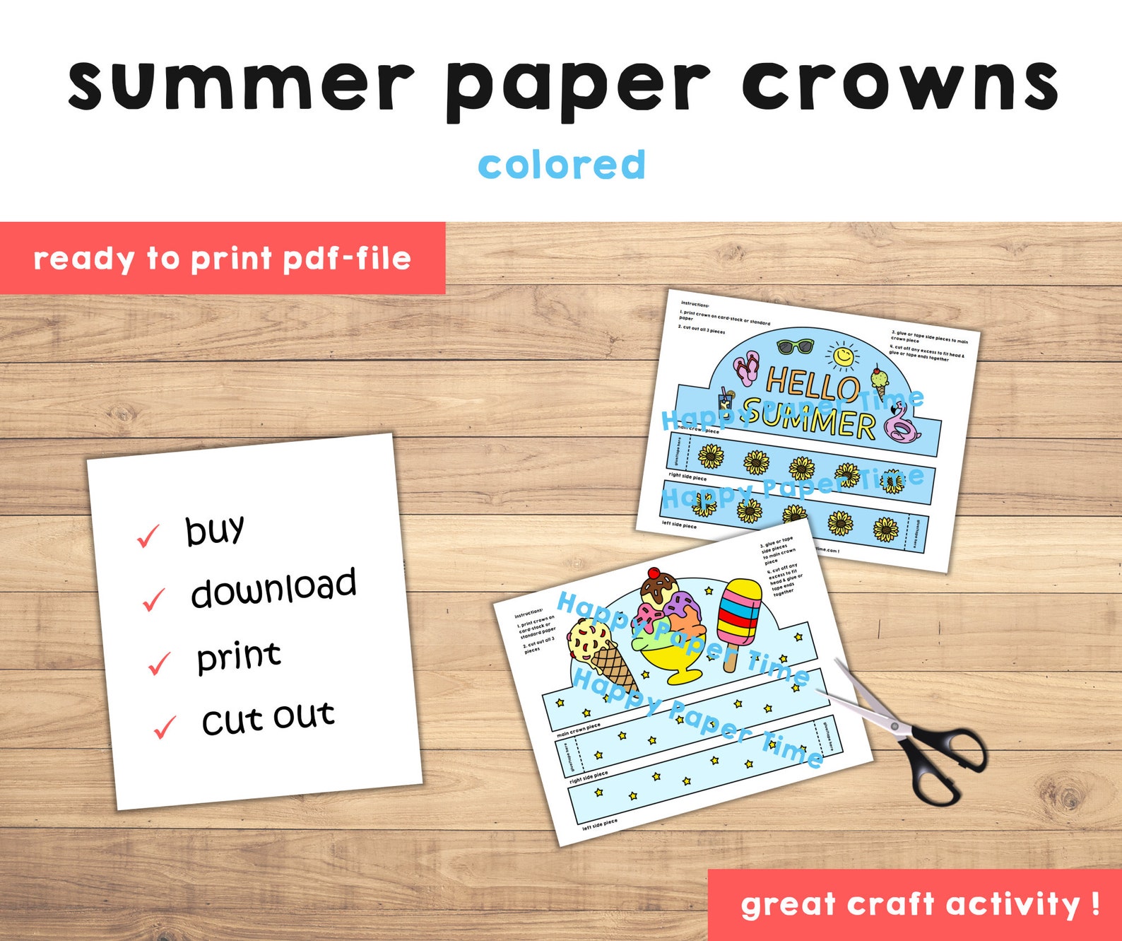 Summer Paper Crown Headband Ice Cream Party Activity Printable Kids ...