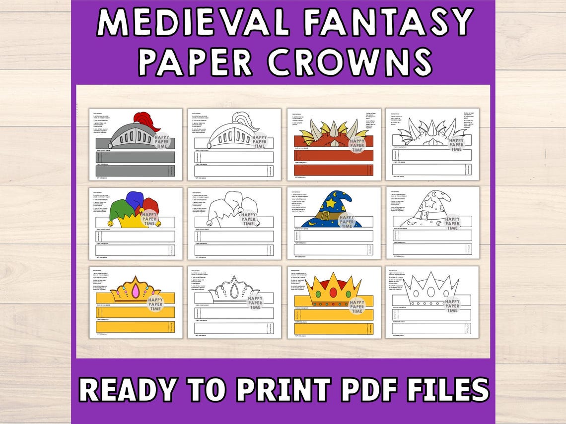 Medieval Fantasy Paper Crown Coloring Headband Knight Dragon Princess ...