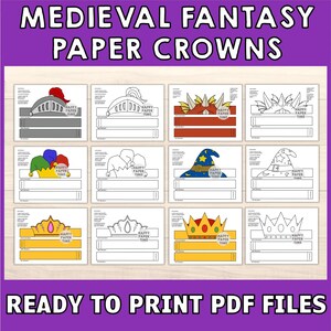 Medieval Fantasy Paper Crown Coloring Headband Knight Dragon Princess ...
