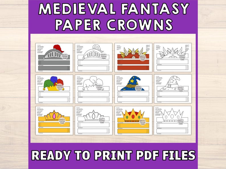 Medieval Fantasy Paper Crown Coloring Headband Knight Dragon Princess ...