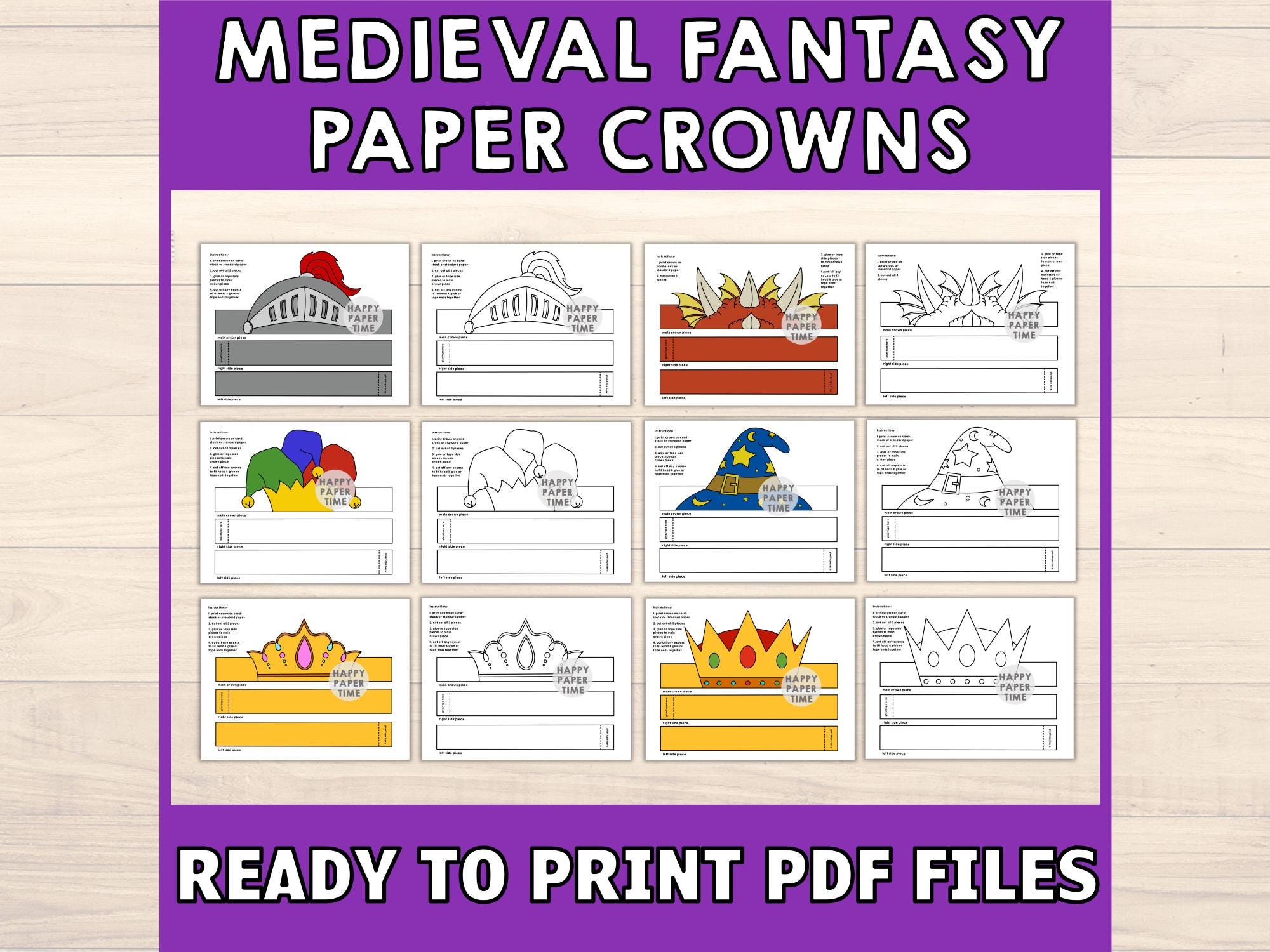 Medieval Fantasy Paper Crown Coloring Headband Knight Dragon Princess ...