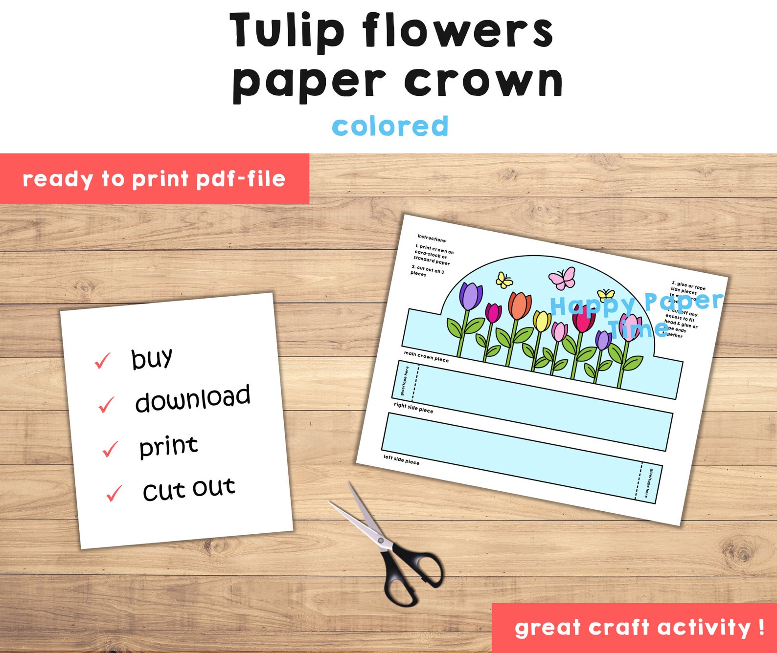 Tulips Flower Paper Crown Party Printable Kids Craft Spring - Etsy