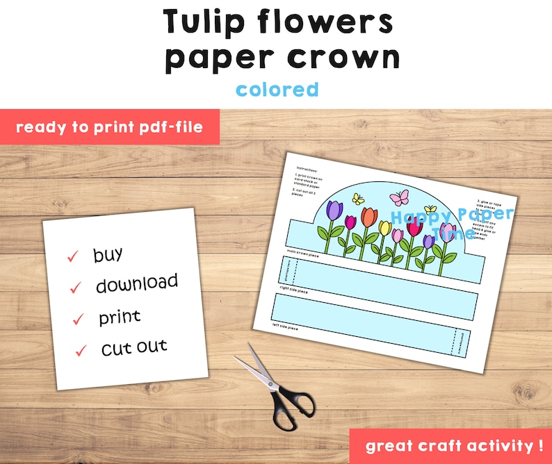 Tulips Flower Paper Crown Party Printable Kids Craft Spring - Etsy