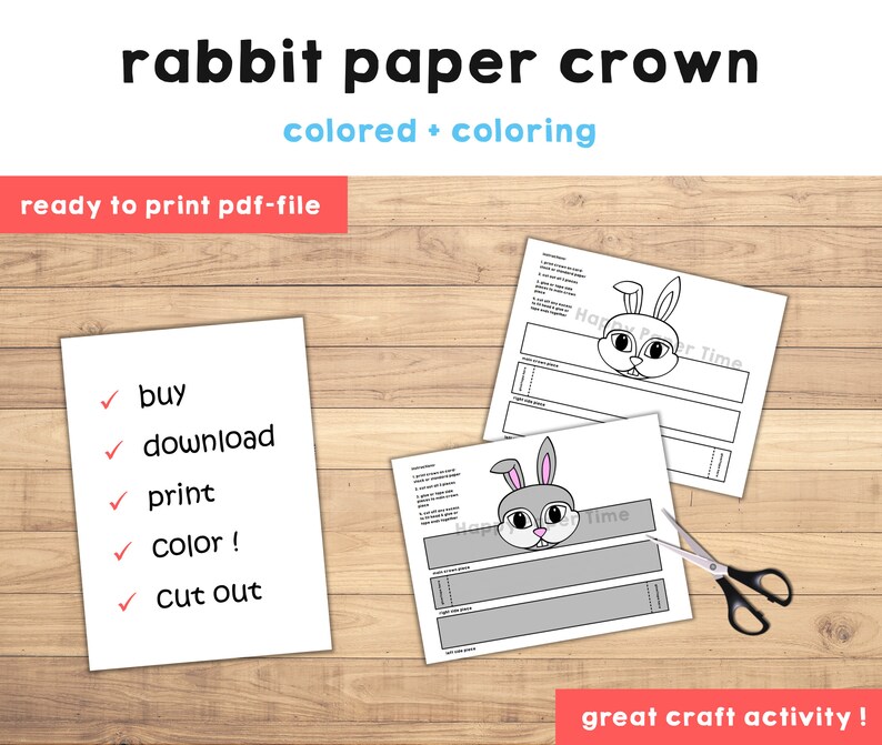 Rabbit Bunny Paper Crown Template Coloring Activity Printable - Etsy