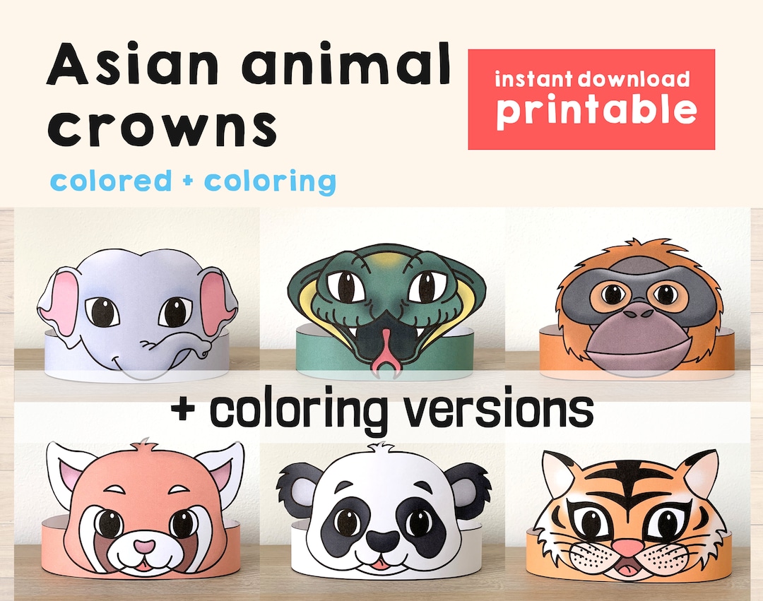 Asian Jungle Animals Paper Crowns Panda Elephant Cobra Tiger Orangutan ...