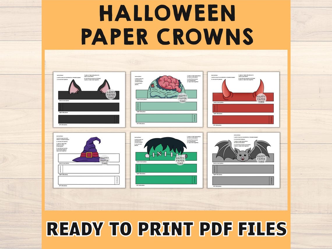 Halloween Paper Crowns Witch Zombie Bat Devil Frankenstein Printable ...