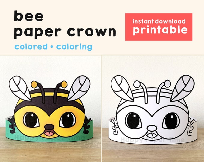 Bee Paper Crown Party Coloring Printable Kids Craft Insect - Etsy