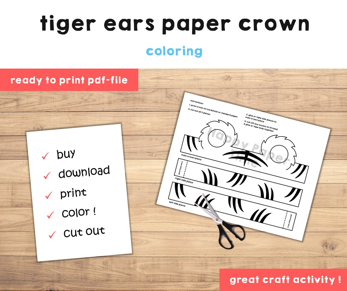 Tiger Ears Paper Crown Headband Party Coloring Printable Kids - Etsy