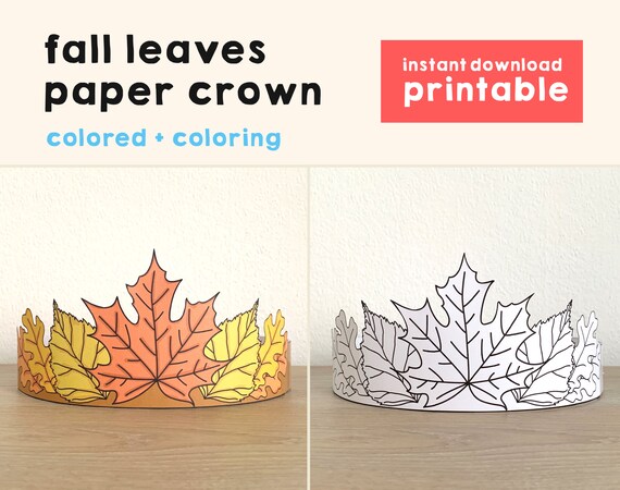 Fall Leaves Paper Crown Thanksgiving Autumn Party Coloring | Etsy