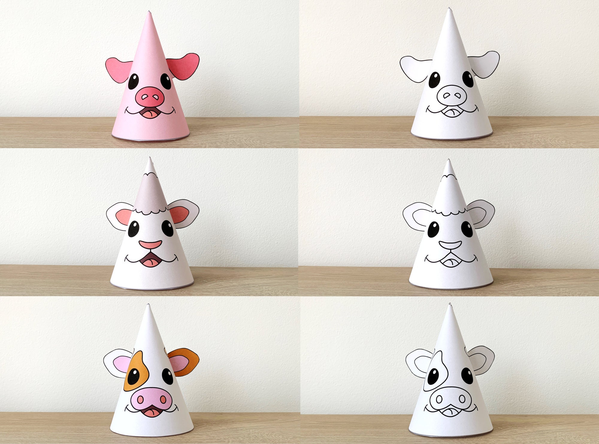 Farm Animal Party Hats Paper Printable Table Pig Horse Cow - Etsy