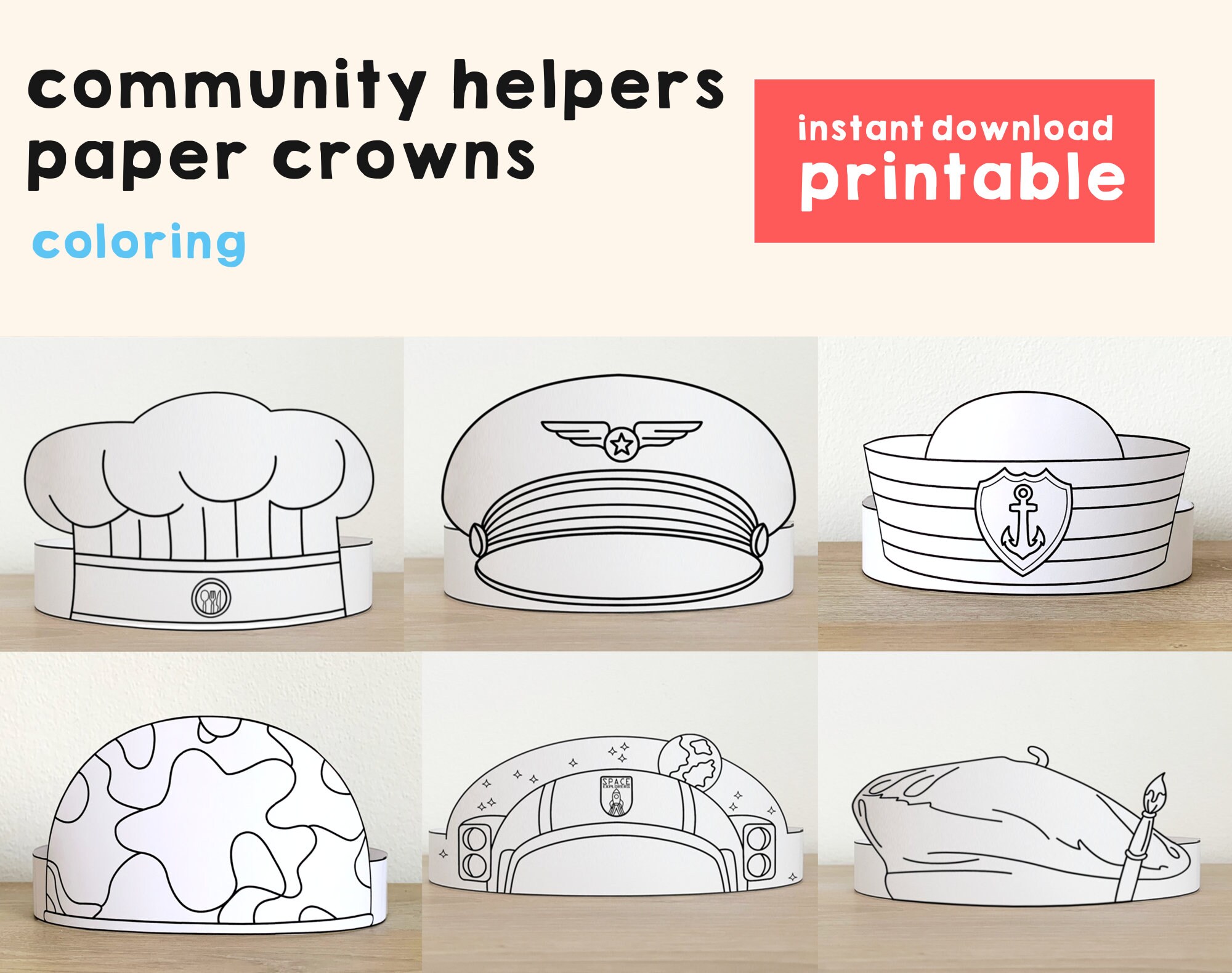 Community Helpers Paper Crowns Astronaut Pilot Chef Sailor Etsy