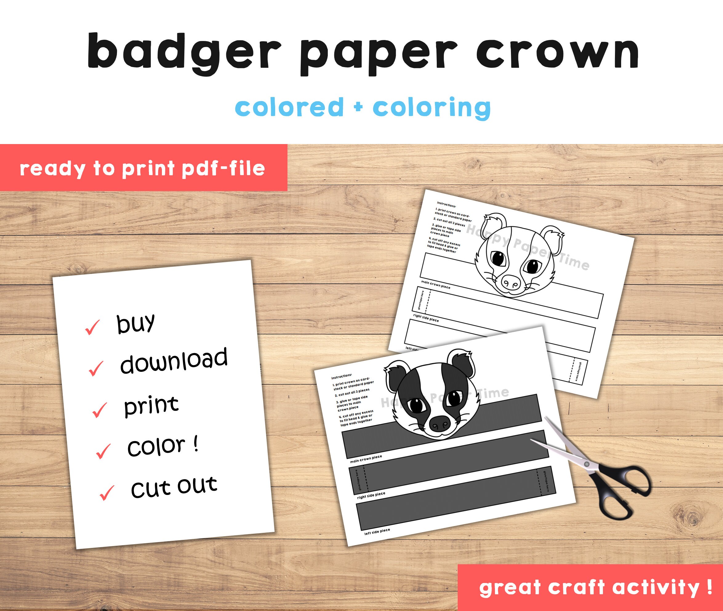 Badger Paper Crown Party Coloring Printable Kids Craft - Etsy
