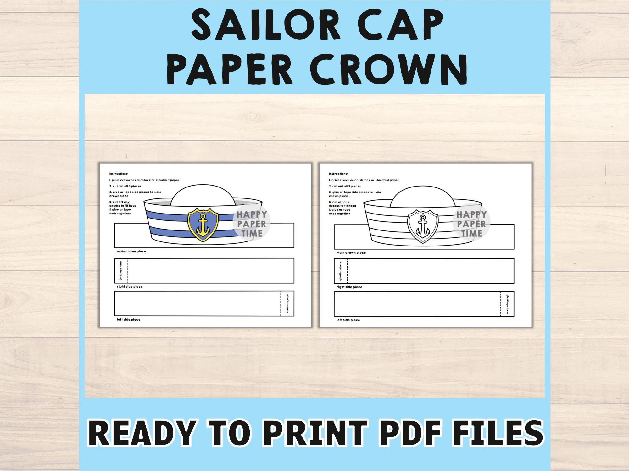 Sailor Hat Cap Paper Crown Party Coloring Printable Kids Craft Sea ...