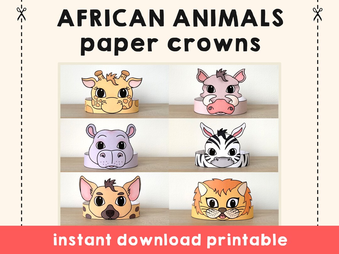African Safari Animals Paper Crowns Giraffe Hippo Hyena Lion Zebra ...