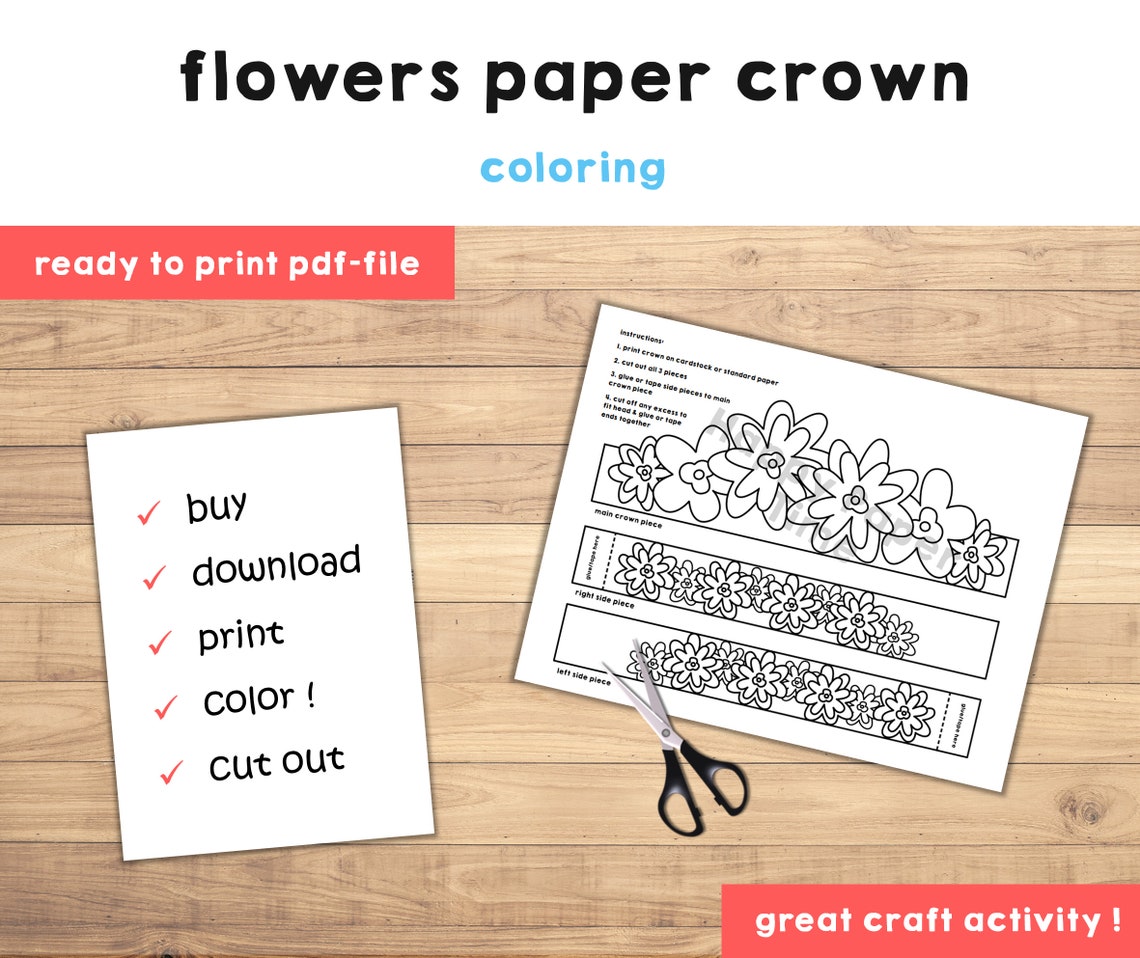 Flower Paper Crown Party Coloring Printable Kids Craft Spring - Etsy
