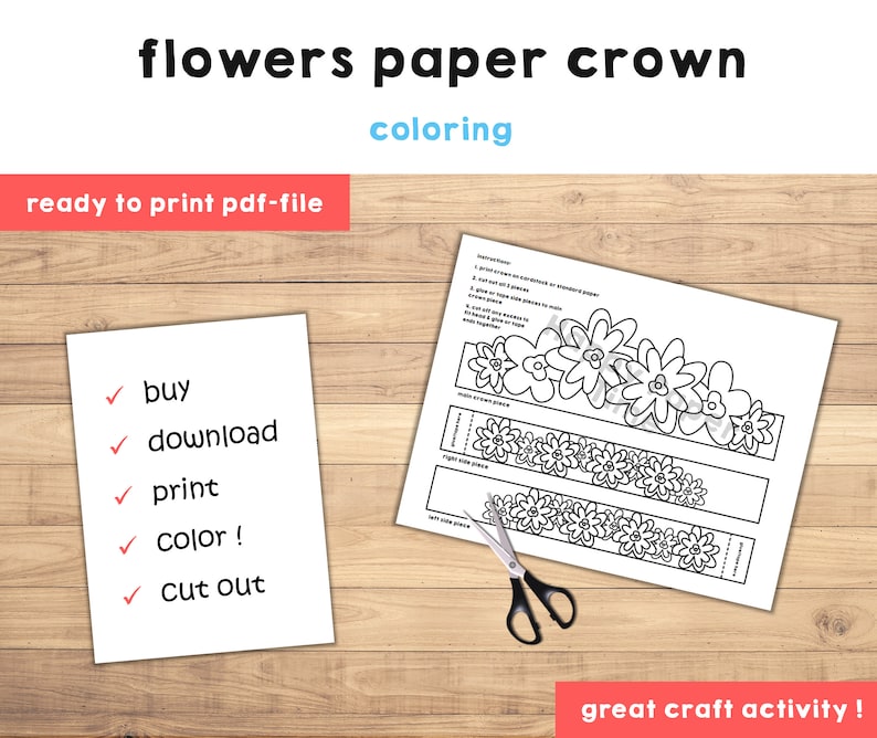 Flower Paper Crown Party Coloring Printable Kids Craft Spring - Etsy