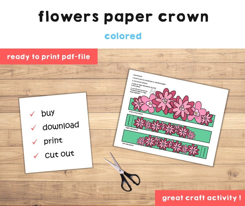 Flower Paper Crown Party Coloring Printable Kids Craft Spring - Etsy