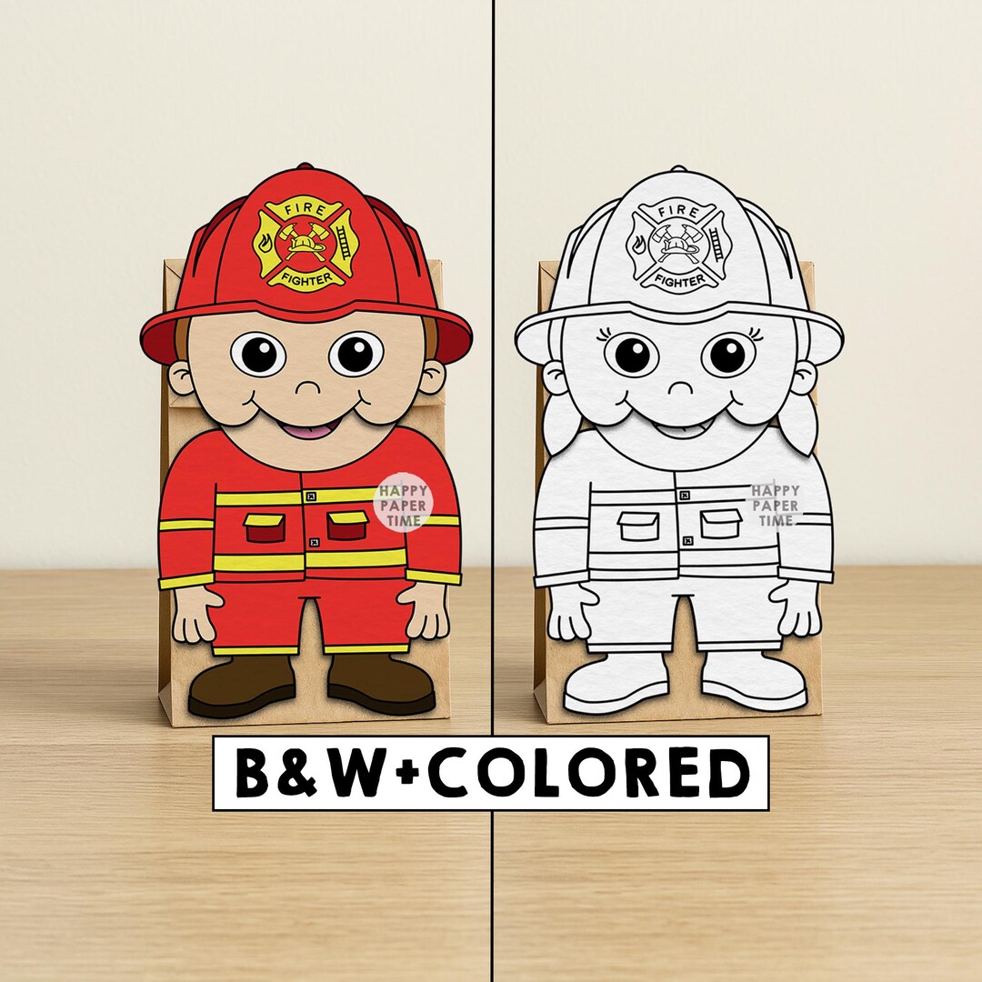 Firefighter Paper Bag Puppet Printable Community Helper Craft Activity ...