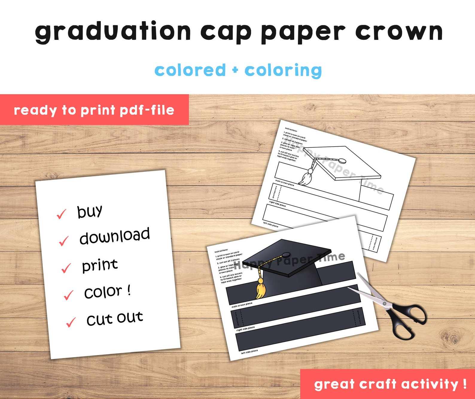 Graduation Cap Paper Crown Party Coloring Printable Kids Craft - Etsy