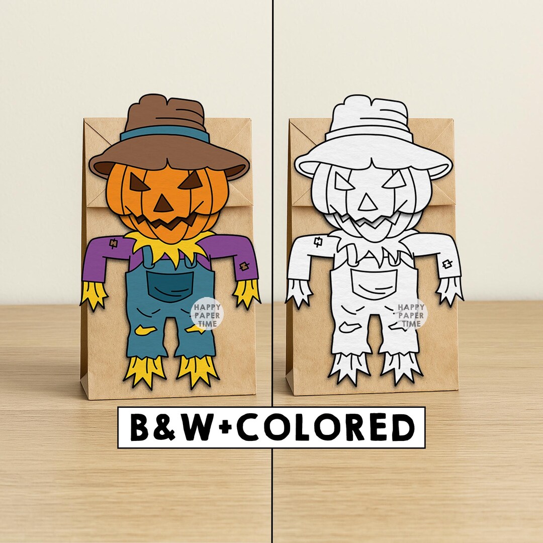 Scarecrow Paper Bag Puppet Printable Halloween Craft Activity Cut Paste ...