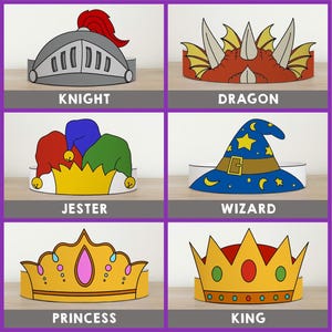 Medieval Fantasy Paper Crown Coloring Headband Knight Dragon Princess ...