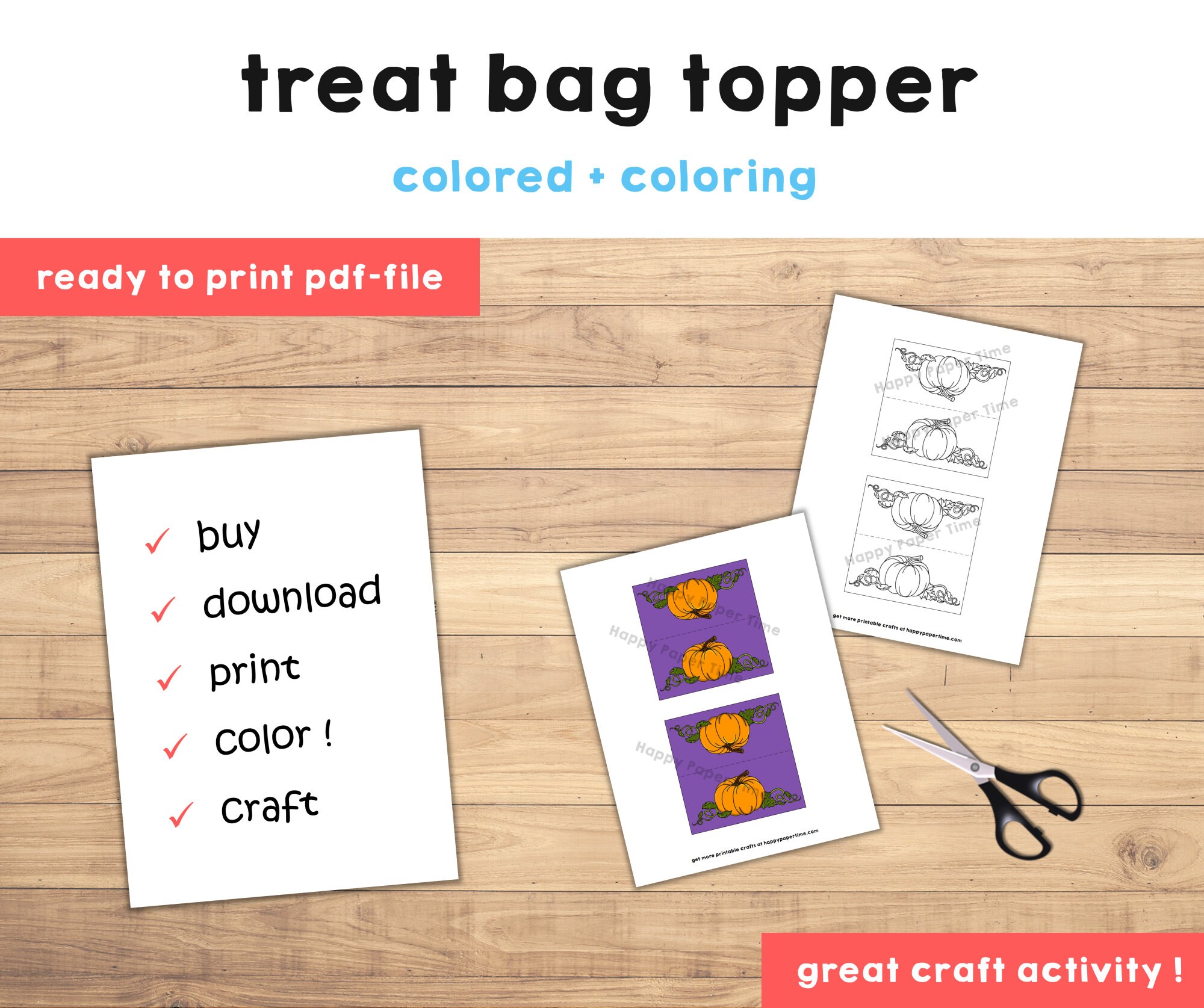 Pumpkin Treat Bag Topper Paper Craft Halloween Spooky Party Coloring ...