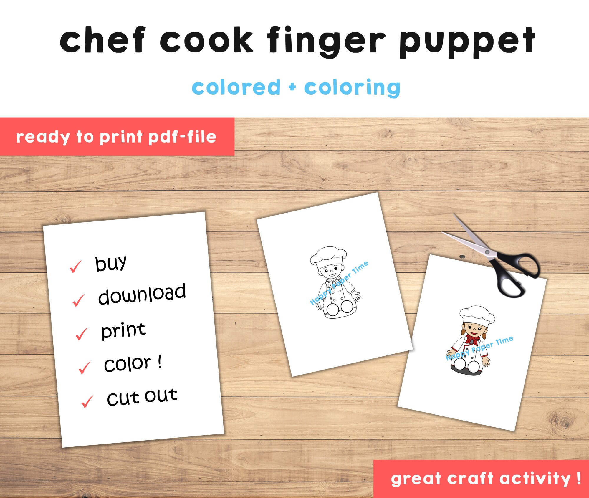 Chef Cook Paper Craft Printable Community Helper Finger Puppet Kids ...